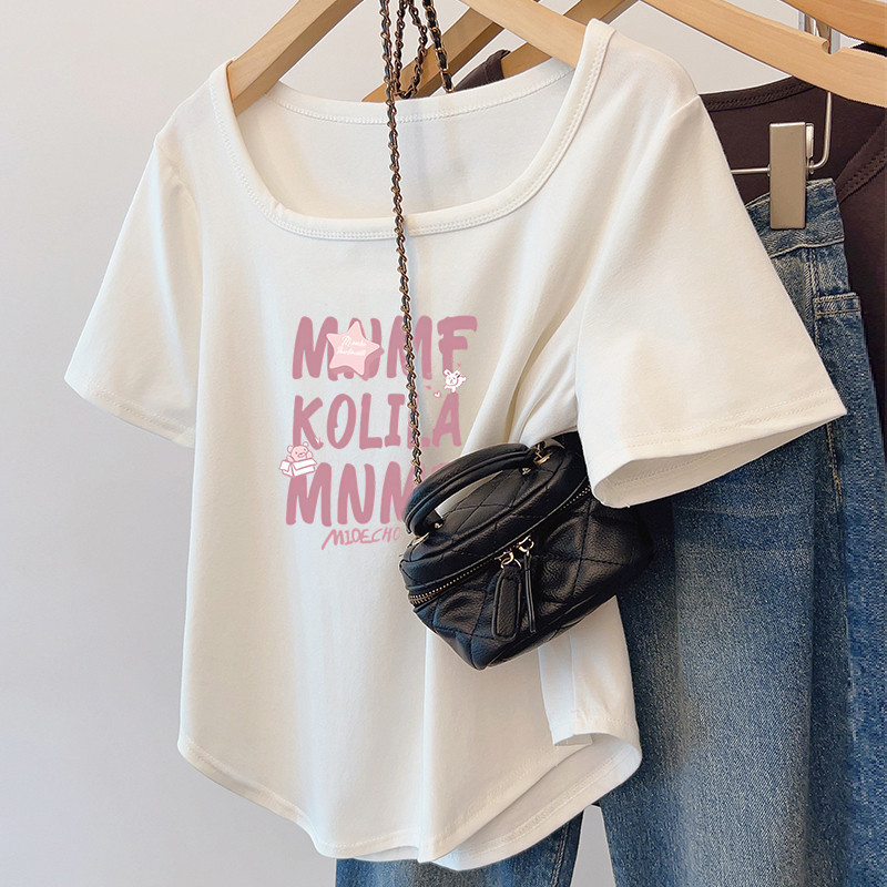 L-4XL 大尺碼方領T恤 美式T恤 字母印花 微胖撞色正肩短袖T恤女夏季新款胖MM顯瘦遮肉上衣 | 蝦皮購物