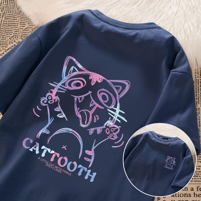 【高雄24h出貨】美式復古短袖 怪獸貓印花t 240g純棉重磅T恤 加大碼寬鬆衣服 男生t恤 夏天百搭上衣 女生圓領T恤 | 蝦皮購物