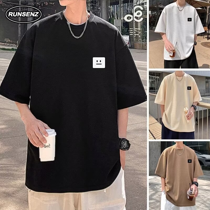 M-8XL 韓風時尚大尺碼短袖T恤男 簡約logo華夫格上衣 休閒寬鬆短t 男生五分袖衣服 胖哥加肥加大尺碼 | 蝦皮購物