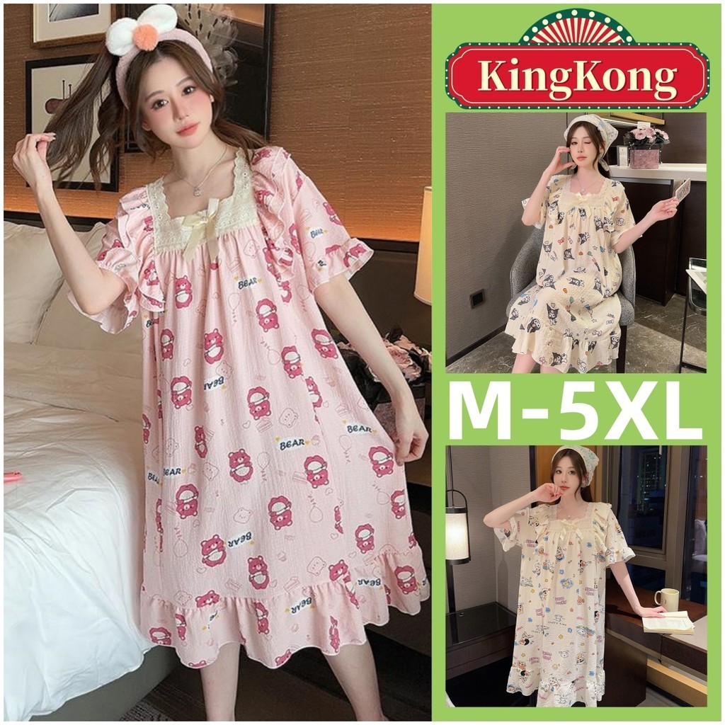 睡衣裙 大尺碼 連身睡衣 夏天 韓版 短袖睡裙 棉質 寬鬆加大碼 女生 胖MM 卡通印花 可外穿 居家中長裙 M-5XL | 蝦皮購物