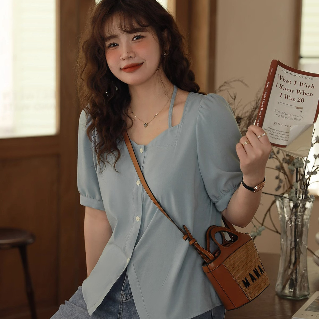 實拍韓版上衣胖MM大碼女裝『50-100㎏可穿』M-4XL新款韓係胖mm設計感v領開衩小衫夏季寬鬆休閒短袖別緻上衣 | 蝦皮購物