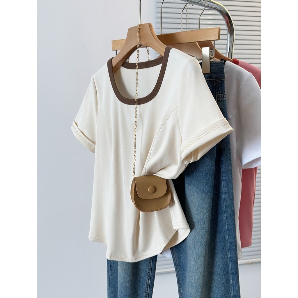L-4XL 六色可選 胖MM必備 韓系撞色方領正肩短袖T恤上衣 大尺碼女裝上衣 柔軟透氣 修身寬鬆顯瘦上衣 | 蝦皮購物