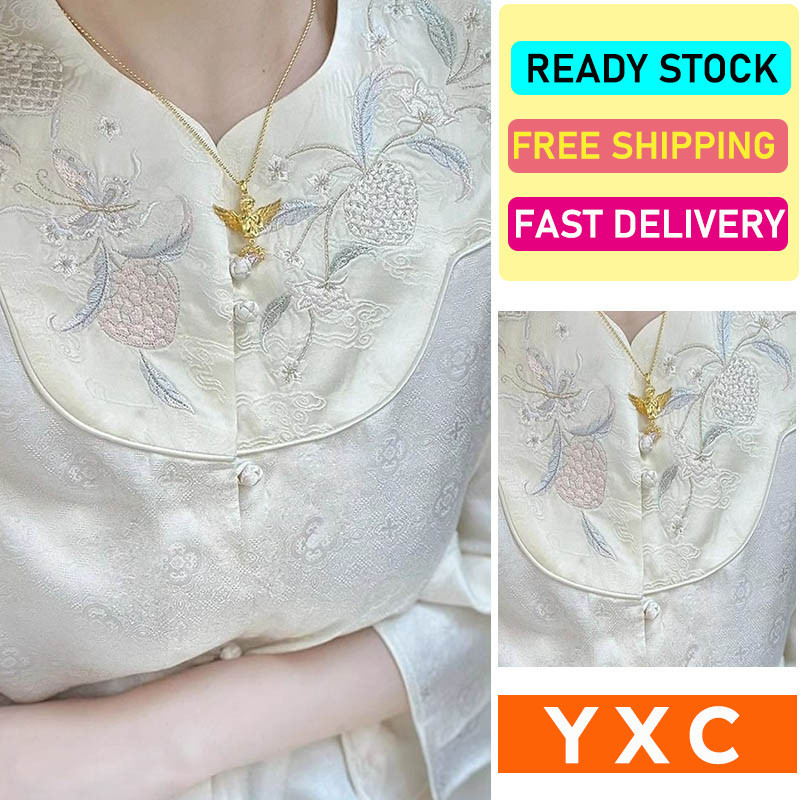 【YXC】2024 女式中式襯衫刺繡白襯衫長袖別緻鈕扣唐裝上衣 | 蝦皮購物