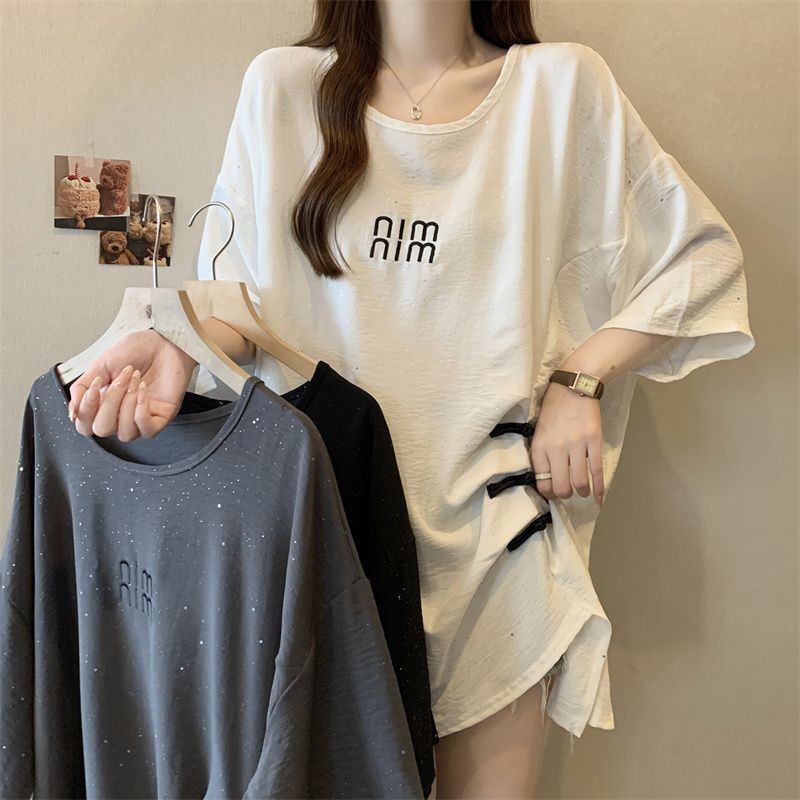 M-4XL 大尺碼新中式國風盤扣短袖t恤女夏新款寬松顯瘦不規則褶皺亮片上衣女ins | 蝦皮購物