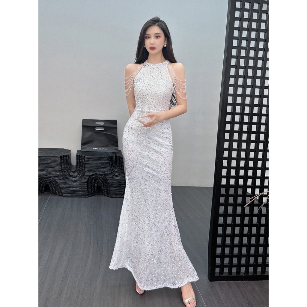 Miguo_Bling銀色亮片禮服 高級感輕奢晚禮服 新娘敬酒服 年會主持人禮服 表演服 宴會聚會禮服長裙 | 蝦皮購物