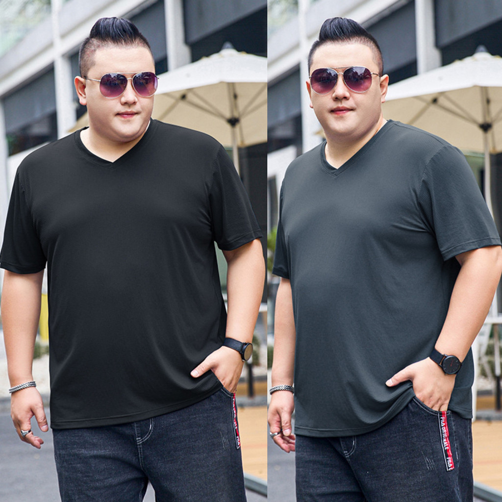 M-9XL大尺碼t恤 冰絲 彈力 短袖T恤 速乾衣 運動上衣男夏季胖子短袖T恤男士雞心V領加肥加大尺碼冰絲涼感素色打底衫 | 蝦皮購物