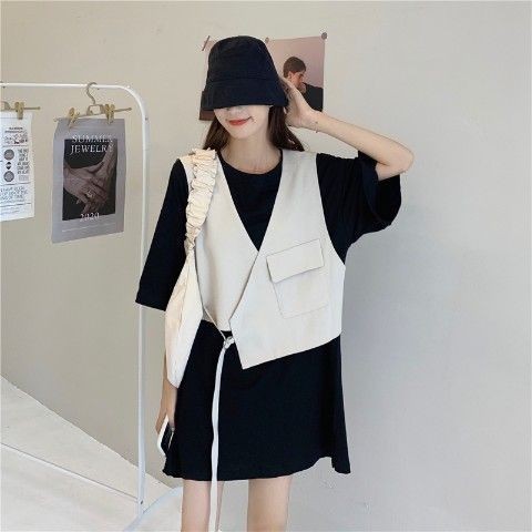 M-4XL 大尺碼 300斤胖mm特大碼女裝夏季新款設計感不規則馬甲+純色T恤兩件套潮 | 蝦皮購物