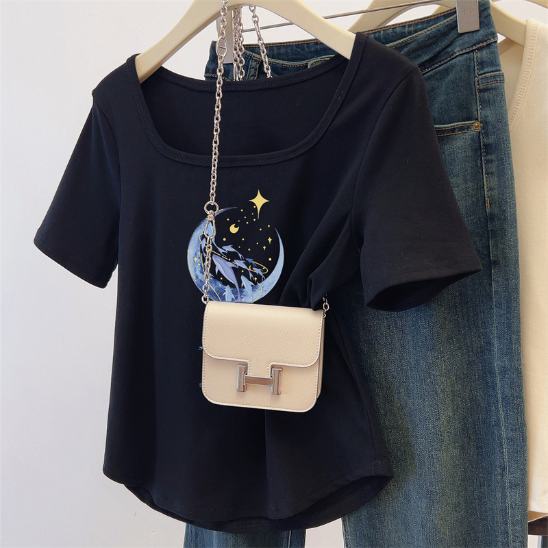 L-4XL 大尺碼方領短袖T恤 夏季新款胖MM減齡顯瘦短袖T恤印花上衣女大尺碼 | 蝦皮購物