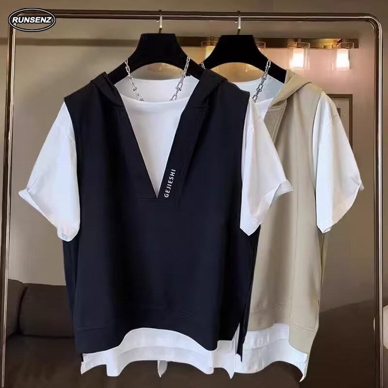 M-8XL 韓版時尚大尺碼連帽短袖T恤男 假兩件上衣 休閒寬鬆五分袖衣服 男生帽T oversize 加大尺碼短t | 蝦皮購物