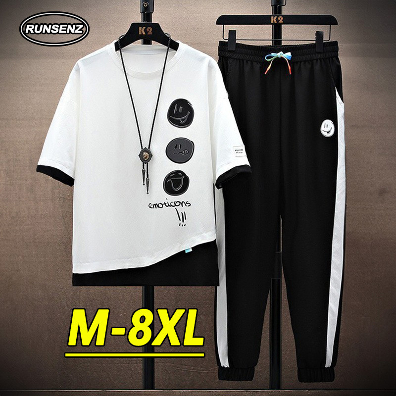 M-8XL 韓系大尺碼套裝男 兩件式套裝 短袖T恤+ 束腳長褲 男生夏季運動套裝 加大尺碼休閒套裝 | 蝦皮購物