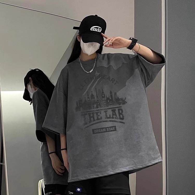 【現貨！超高品質】美式復古短袖 280g重磅麂皮絨短t 寬鬆落肩上衣 男女生同款T恤 oversize 高街 潮牌印花t | 蝦皮購物