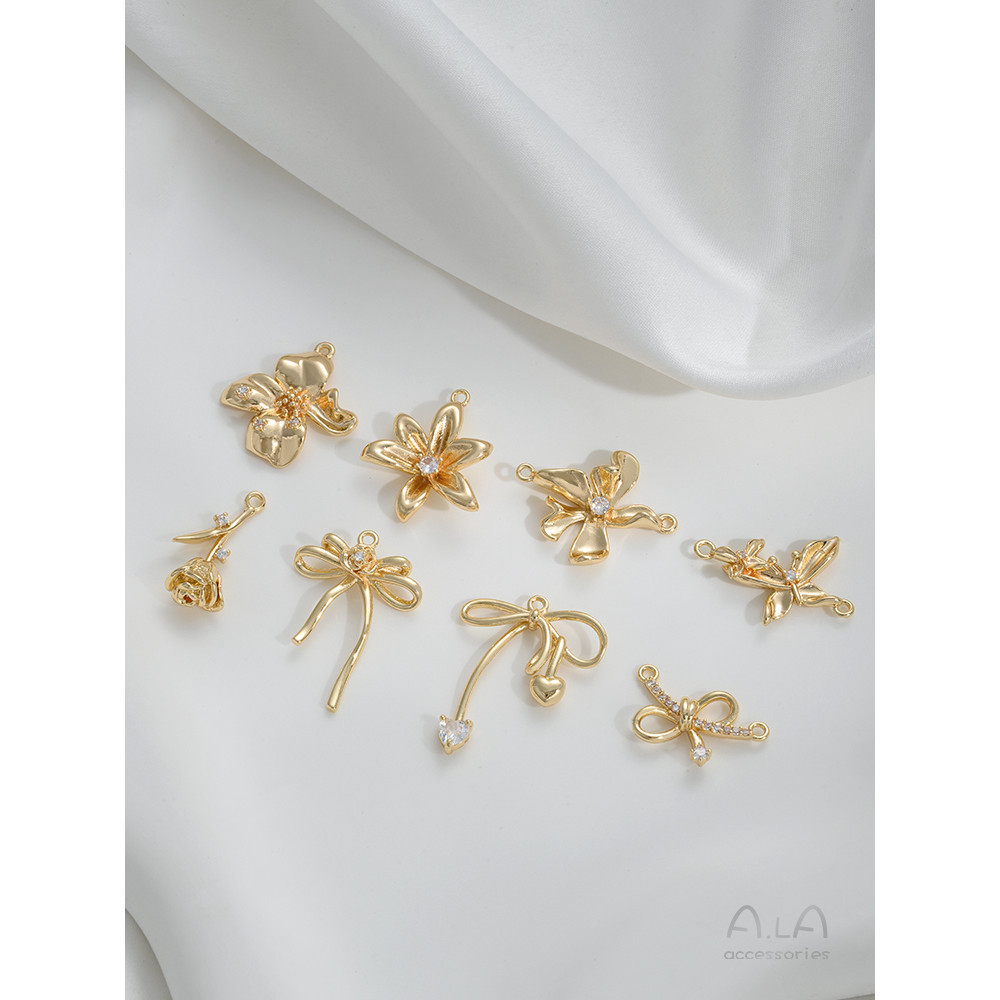 Ala- 14K包金保色玫瑰花蝴蝶結吊墜花朵單吊雙吊diy手作材料飾品配飾 | 蝦皮購物