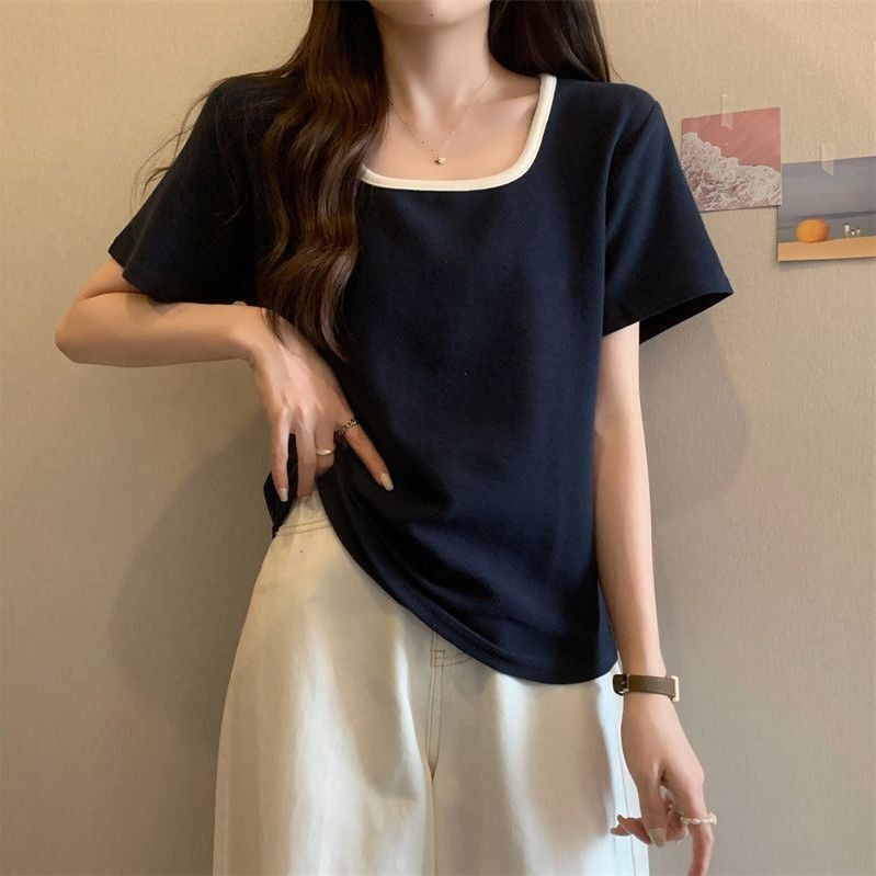 M-4XL 大尺碼寬松顯瘦方領短袖t恤女夏季胖mm洋氣微胖百搭正肩上衣 | 蝦皮購物