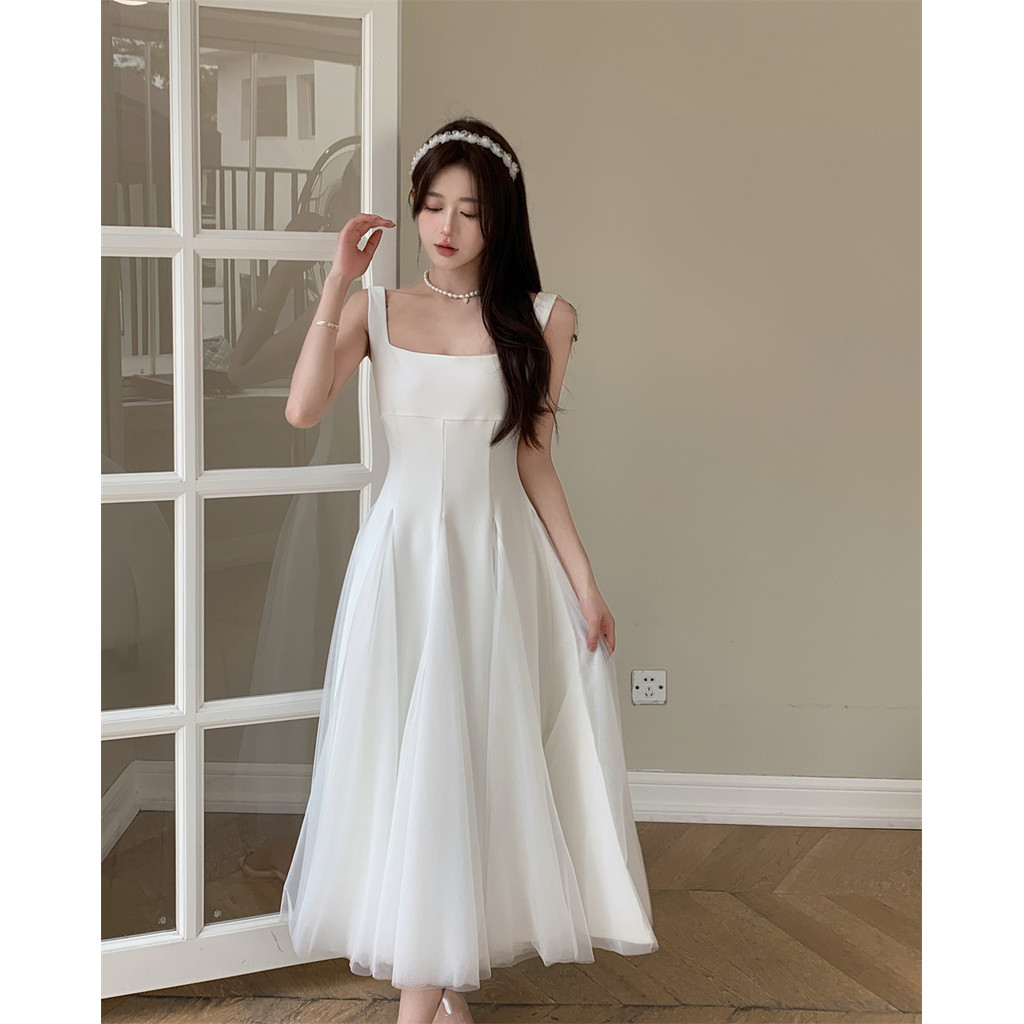 Miguo_芭蕾風設計網紗拼接洋裝 高級感氣質仙女裙 夏天吊帶洋裝 M-4XL 大碼連衣裙 白色洋裝 | 蝦皮購物