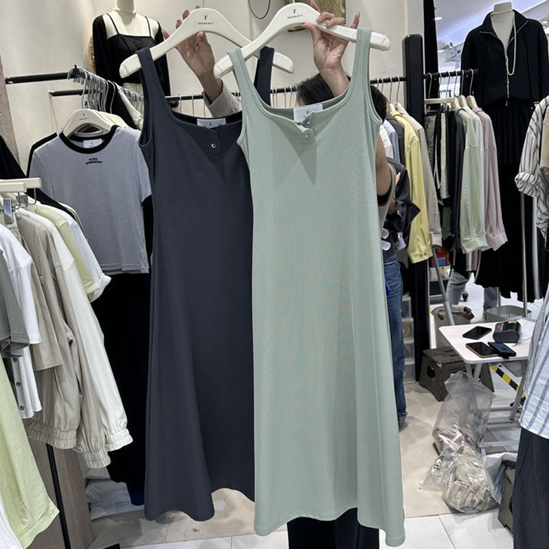 L-4XL 大尺碼女生無袖洋裝胖MM薄款冰絲垂墜感吊帶背心長裙方領洋裝時尚百搭ins潮 | 蝦皮購物