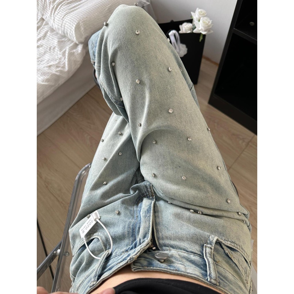 實拍韓版長褲胖MM大碼女裝『40-100㎏可穿』S-4XL大碼美式複古重工釘鑽牛仔褲女夏季寬鬆顯瘦高腰直筒闊腿拖地褲子 | 蝦皮購物