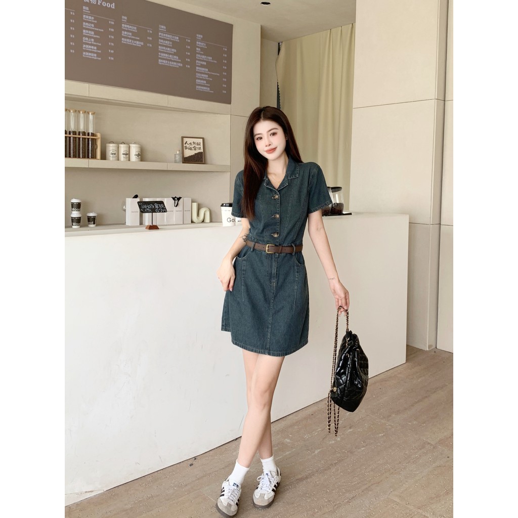 L-4XL 大尺碼女裝 韓系復古風設計感西裝領牛仔連身裙 胖MM收腰顯瘦遮肚連身裙 牛仔洋裝 短洋 丹寧洋裝 顯瘦洋裝 | 蝦皮購物