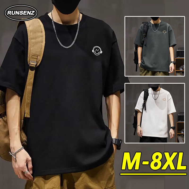 M-8XL 韓系笑臉印花短袖上衣 大尺碼T恤男 夏季休閒男裝 寬鬆五分袖衣服 男生圓領落肩短t 慵懶風 加肥加大尺碼 | 蝦皮購物
