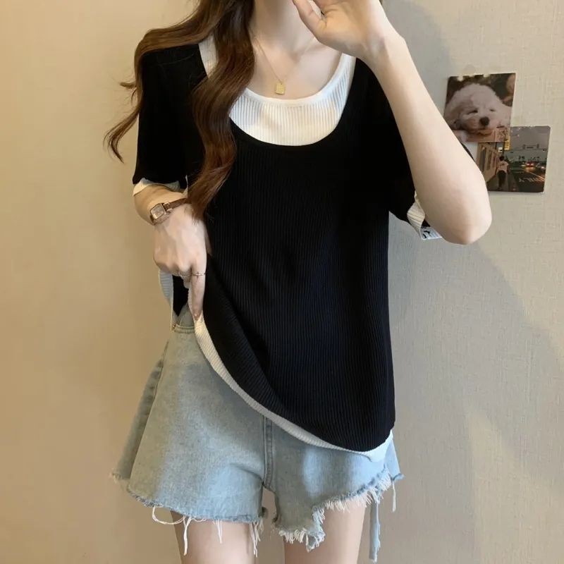 M-4XL 大尺碼冰絲短袖 螺紋短袖T恤女 中長款胖mm夏季新款拼接撞色假兩件上衣 | 蝦皮購物