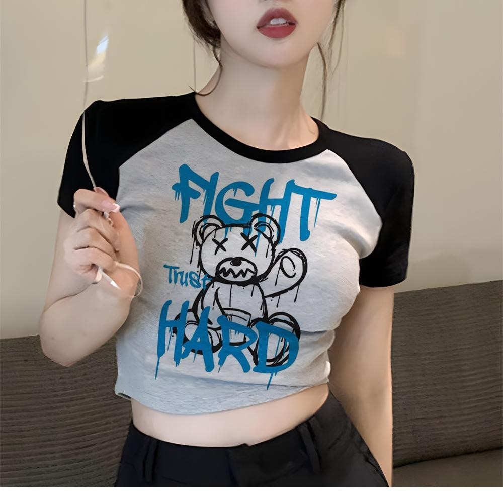 Doodle Bear 韓國時尚 yk2 哥特露臍上衣女孩 fairycore Harajuku yk2 仙女垃圾 T | 蝦皮購物