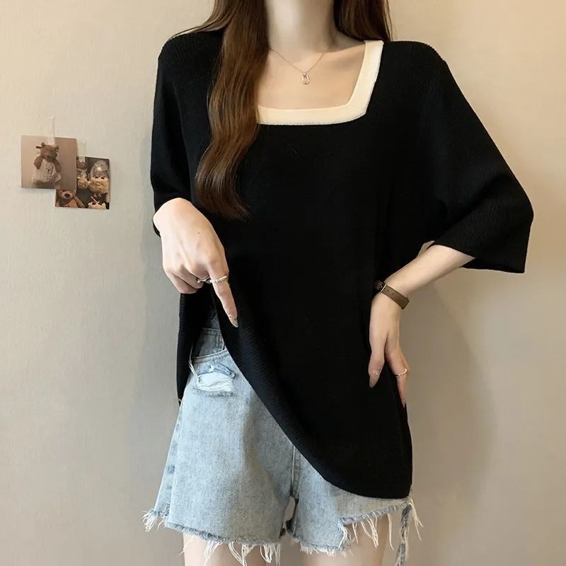 M-4XL 大尺碼夏季新款胖mm方領短袖T恤女拼接撞色百搭休閑遮肚中長款上衣 | 蝦皮購物