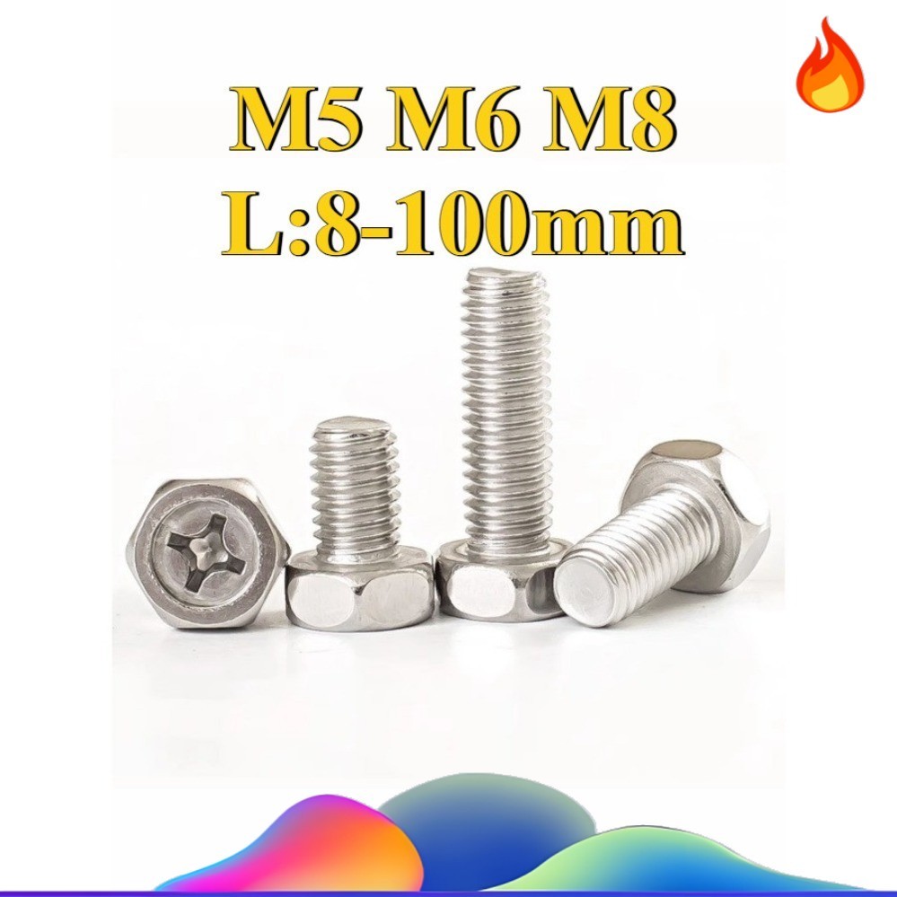 （快速出貨）304不鏽鋼十字槽凹穴外六角螺栓M5/M6/M8*L8-100mm（WDY-XDM） | 蝦皮購物