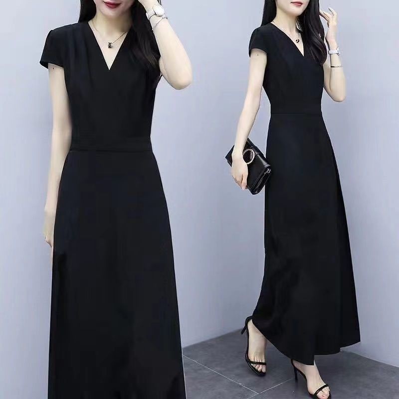 簡約休閑連衣裙女赫本風小黑裙OL修身顯瘦雙口袋夏v領氣質長裙子 韓版洋裝 短袖洋裝 連身裙洋裝 夏季連身裙【樂購】 | 蝦皮購物