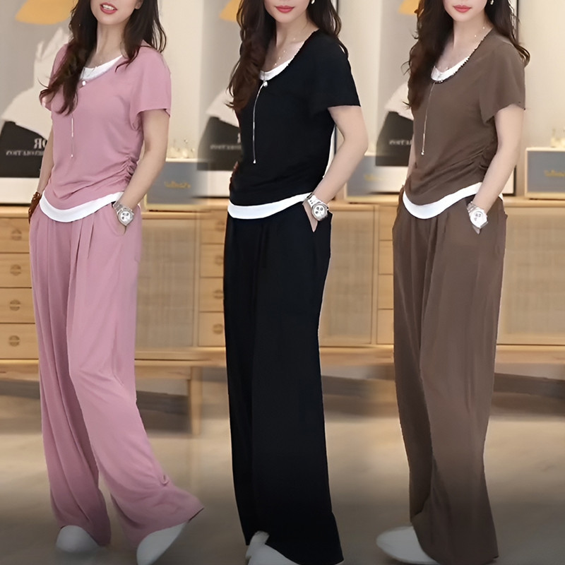 Miguo_休閒運動服套裝女 時尚假兩件短袖闊腿褲兩件套 兩件式套裝 | 蝦皮購物