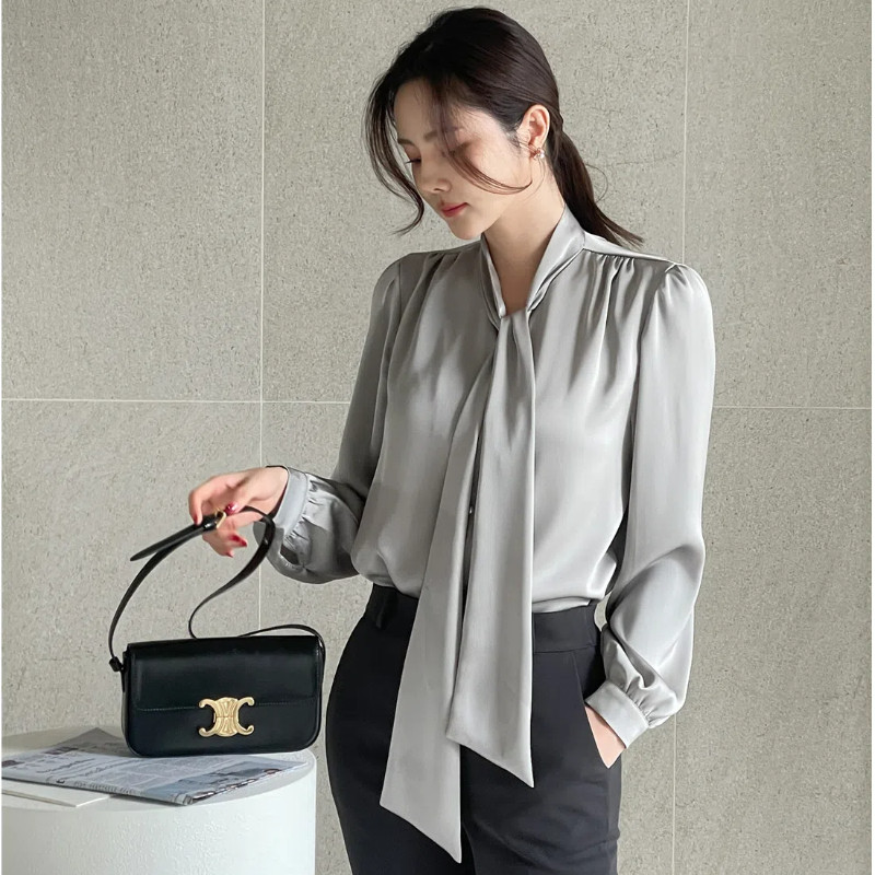 Miguo_精緻時髦 韓國Chic開衫長袖緞面襯衫 韓版系帶蝴蝶結V領純色襯衫 | 蝦皮購物