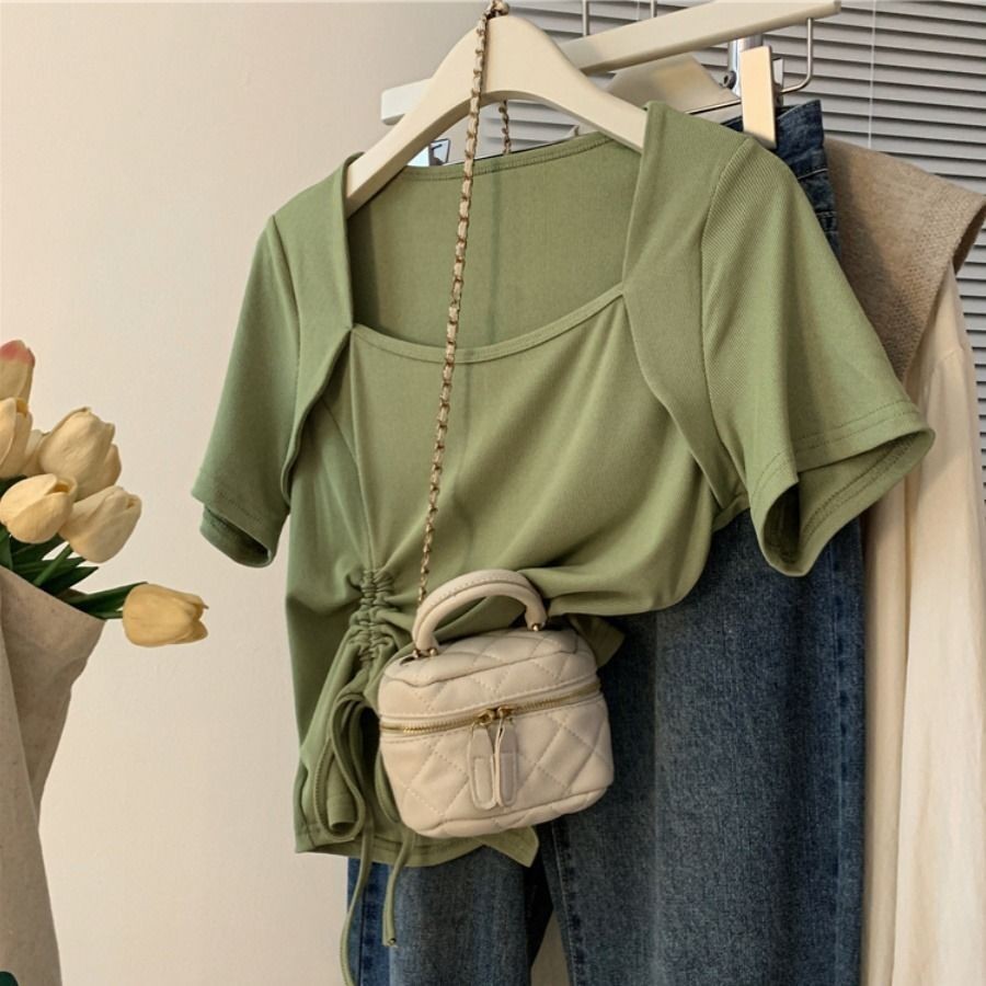 L-5XL 大尺碼方領短袖女 抽繩短袖T恤 大尺碼女裝夏季韓版新款正肩短袖胖mm顯瘦遮肉不規則上衣 | 蝦皮購物