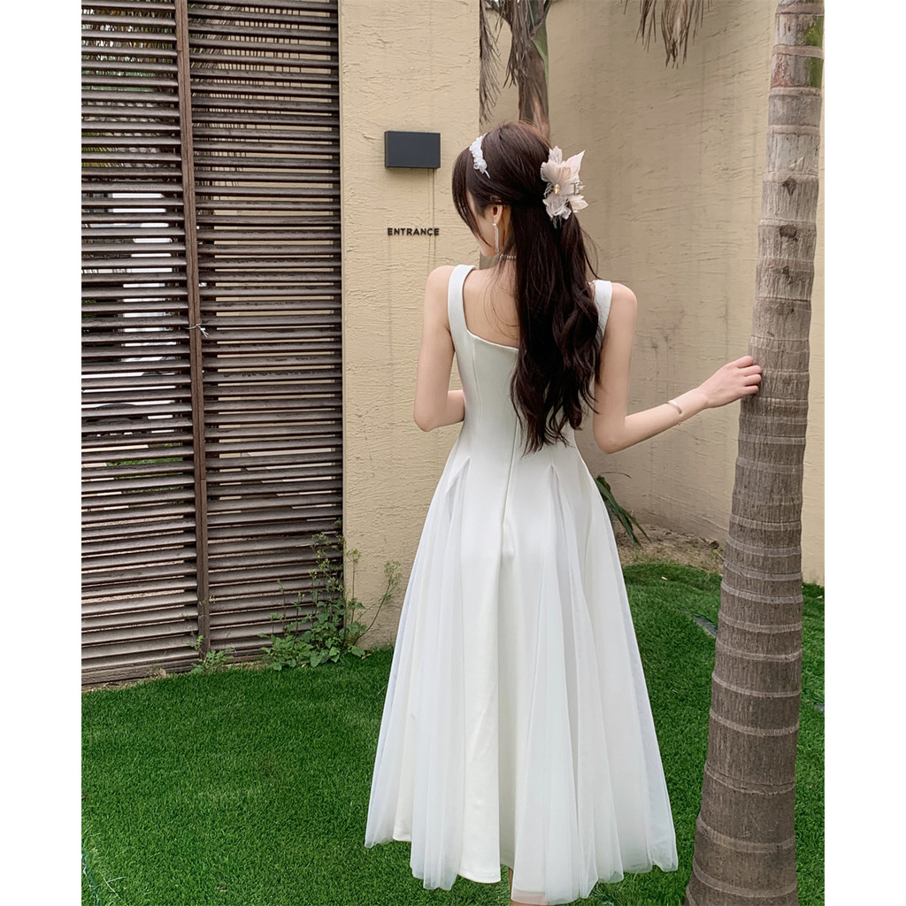 Miguo_芭蕾風設計網紗拼接洋裝 高級感氣質仙女裙 夏天吊帶洋裝 M-4XL 大碼連衣裙 白色洋裝 | 蝦皮購物