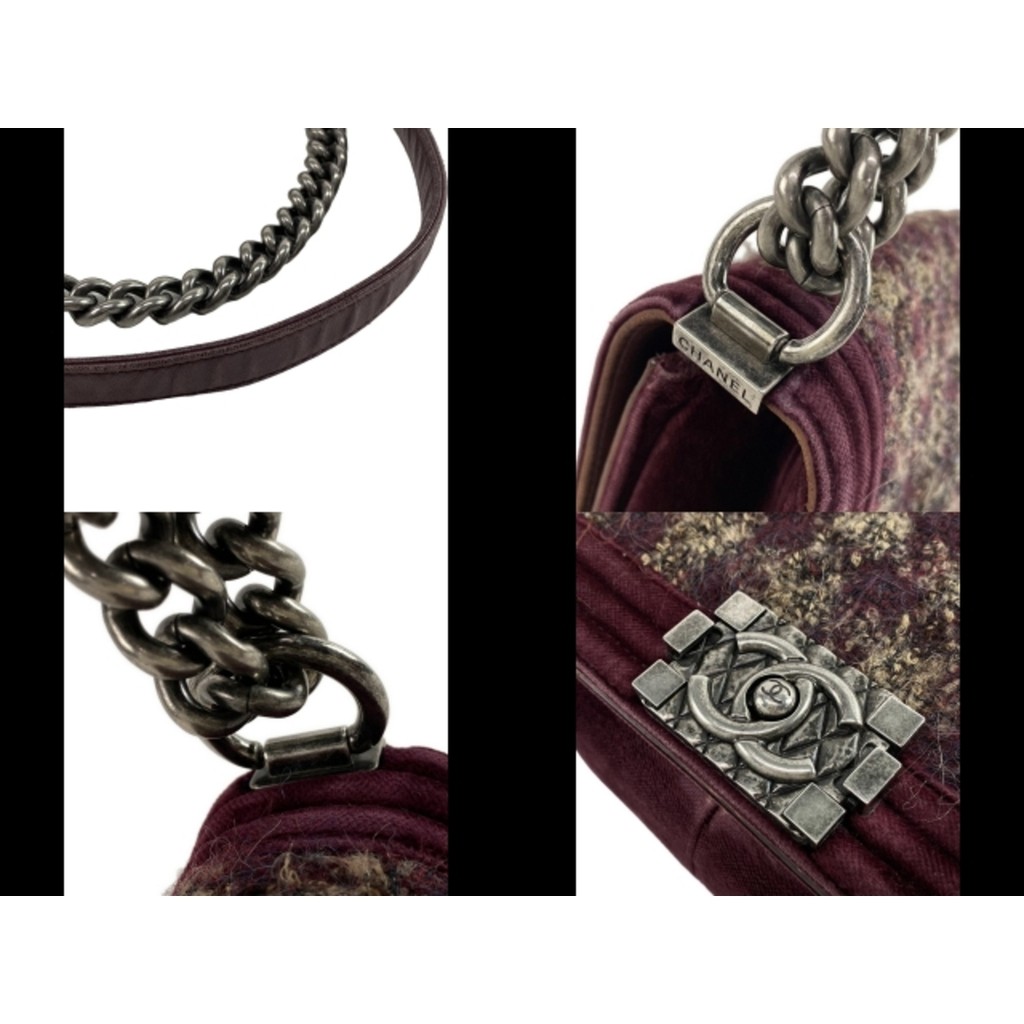 Chanel 香奈兒 Vintage hLam A n H 肩背包 側肩包 銀 米色 波爾多酒紅色 羊毛 小羊皮 花呢 | 蝦皮購物