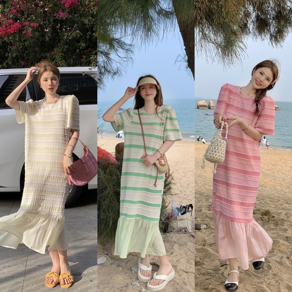 實拍韓版洋装胖MM大碼女裝『40-90㎏可穿』S-4XL美麗裙設計感拚接魚尾條紋連衣裙外齣減齡氣質孕㛿大碼寬鬆連衣裙 | 蝦皮購物