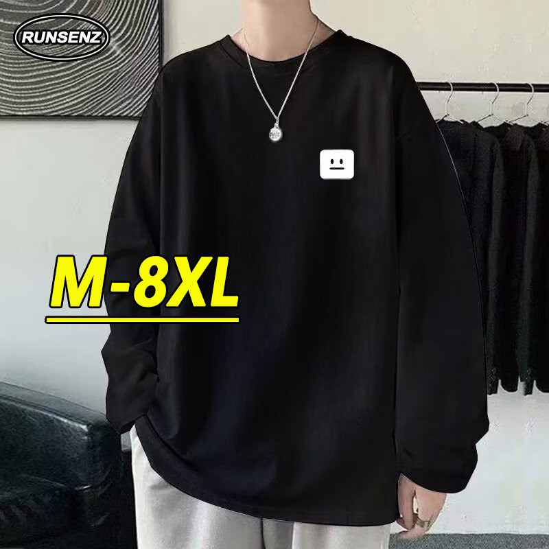 M-8XL 韓版簡約logo長袖上衣男 大尺碼T恤 休閒男裝 顯瘦寬鬆圓領內搭長t 男生衣服 秋季打底衫 加大尺碼 | 蝦皮購物