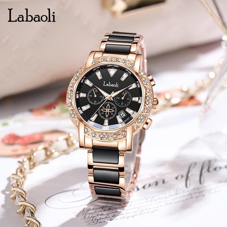 LABAOLI Montre 女士手錶防水奢華陶瓷錶帶鑽石石英手錶帶日曆 | 蝦皮購物