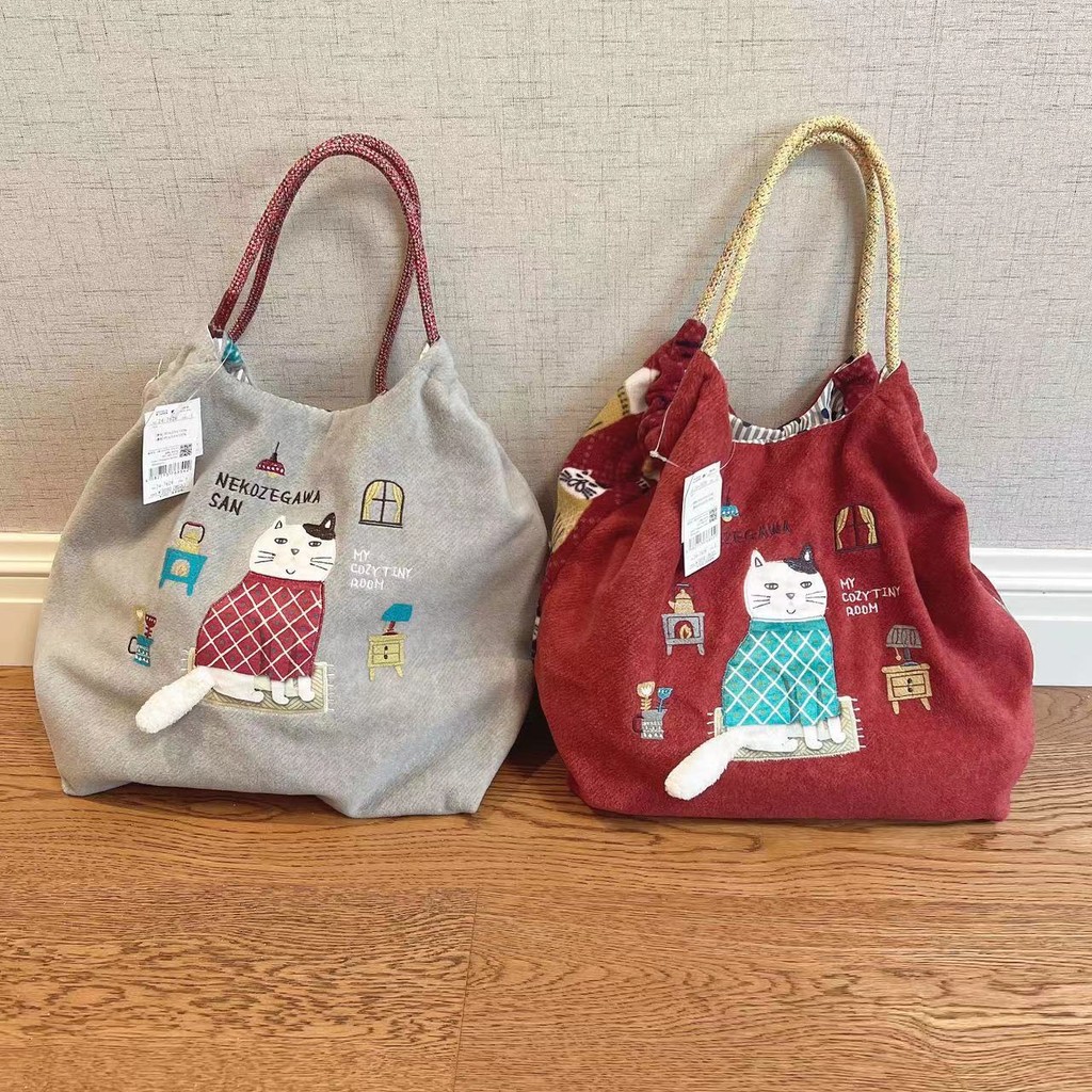 日本kusuguru刺繡胖貓手提包手拎包購物袋搖粒絨通勤包逛街214 | 蝦皮購物