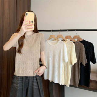 實拍韓版上衣胖MM大碼女裝『40-100㎏可穿』M-4XL夏季新款胖MM設計感小衆鏤空圓領拚接純色短袖針織衫短袖T恤上衣 | 蝦皮購物