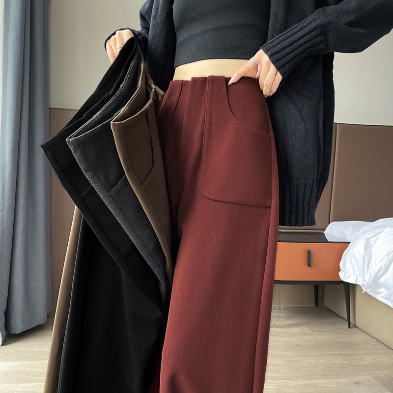 Miguo_秋冬款毛呢闊腿褲鐮刀西裝褲 高腰窄版休閒拖地褲女 S-2XL 4色任選 女生長褲 誰穿誰好看 | 蝦皮購物