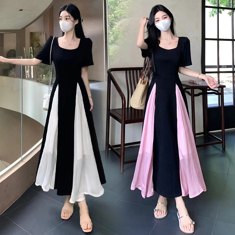 Miguo_L-4XL 大碼女裝 胖MM收腰顯瘦網紗拼接設計感氣質連衣裙 短袖方領洋裝 | 蝦皮購物