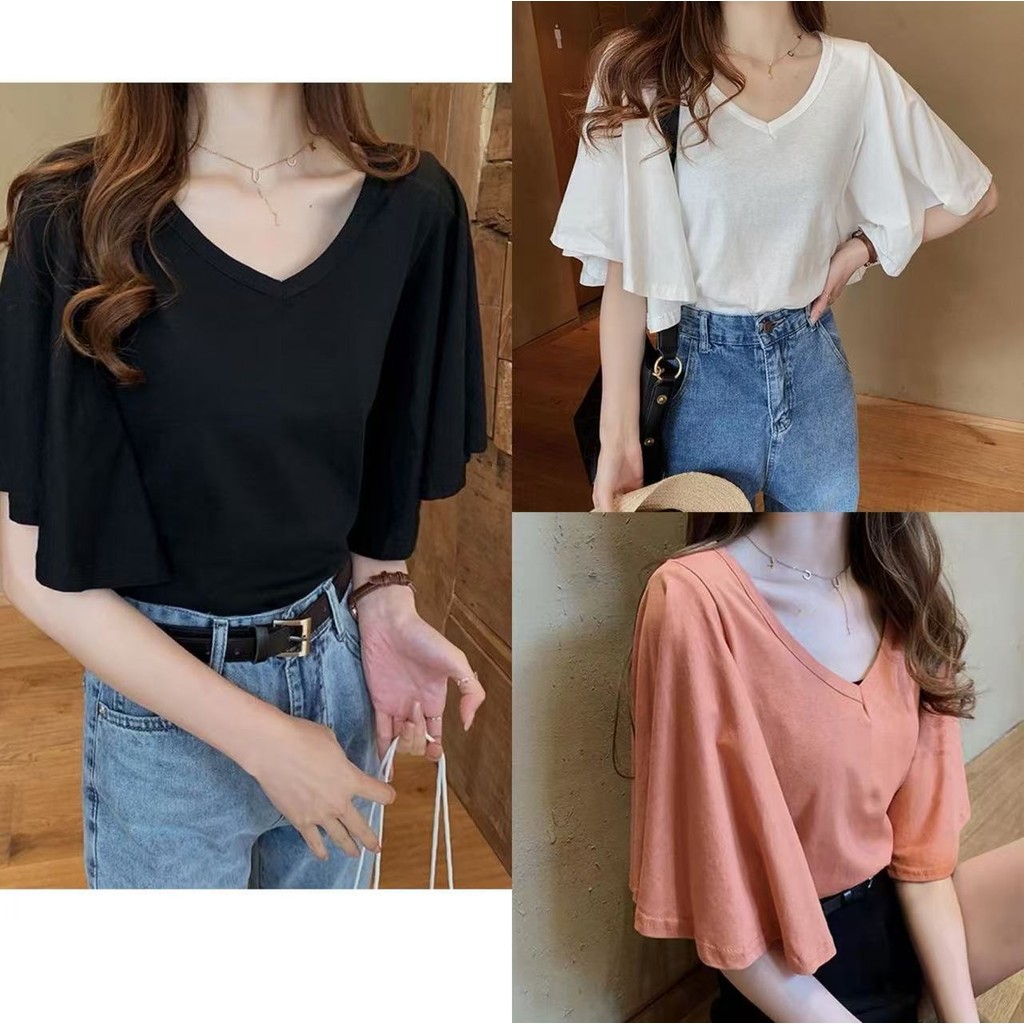 【肉肉家中大碼女裝】M-4XL特大碼上衣 女裝小眾設計感短袖t恤夏季胖mm寬松V領上衣潮 | 蝦皮購物