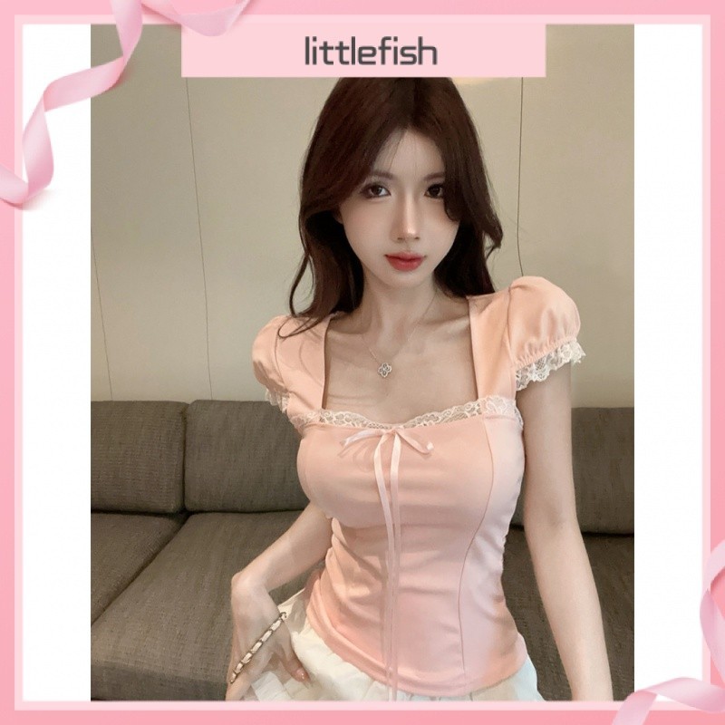 [Littlefish]法式 辣妹蕾絲T恤純慾風 方領 夏季 泡泡短袖 顯瘦 甜美 修身 短款 內搭上衣 | 蝦皮購物