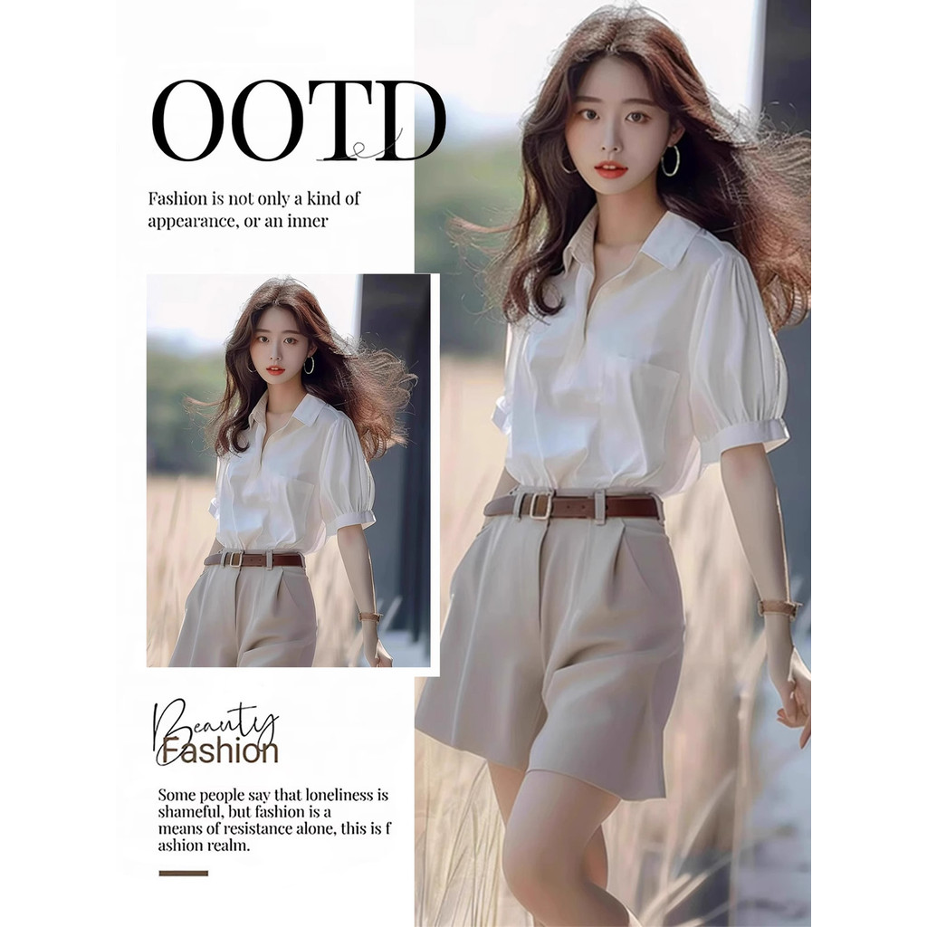 炸街減齡時尚套裝夏2024新款法式襯衫上衣高腰短褲職業通懃兩件套 IJBN | 蝦皮購物