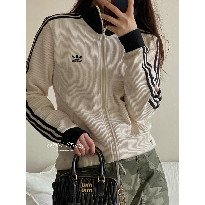 Kazima｜現貨 Adidas 愛迪達 復古外套 坑條 華夫格 立領 拉鍊口袋 米白 黑白 JW0109 JW0110 | 蝦皮購物