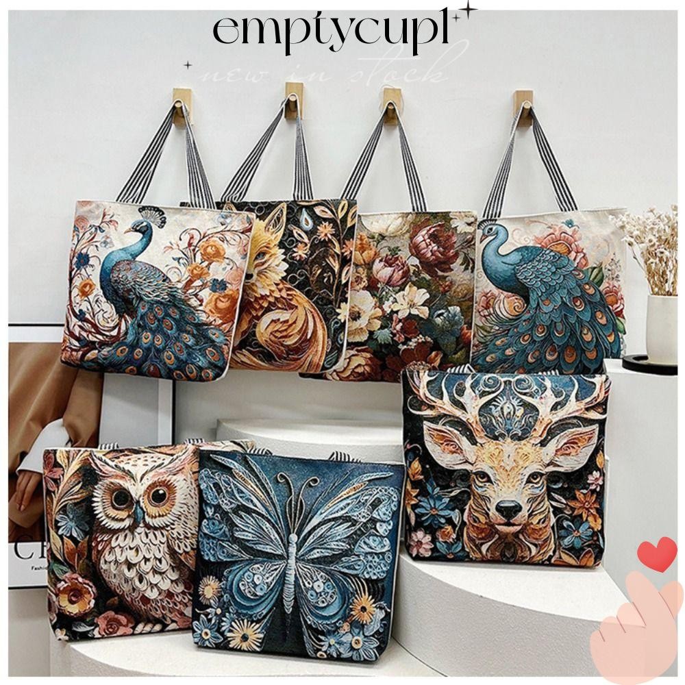 EMPTYCUP女款手提包,刺繡民族風格手提袋,大容量亞麻購物袋 | 蝦皮購物