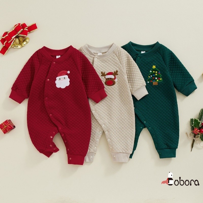 BOBORA 聖誕嬰幼兒登山服 刺繡聖誕標誌斜扣泡泡格連身褲 | 蝦皮購物
