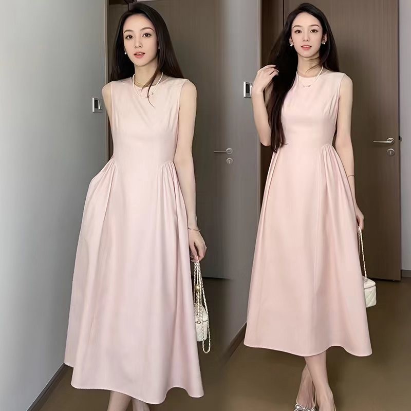 Miguo_法式無袖背心連衣裙 氣質高級收腰洋裝 粉色長裙 3色 S-XL 好版型 衣櫥必備款 | 蝦皮購物