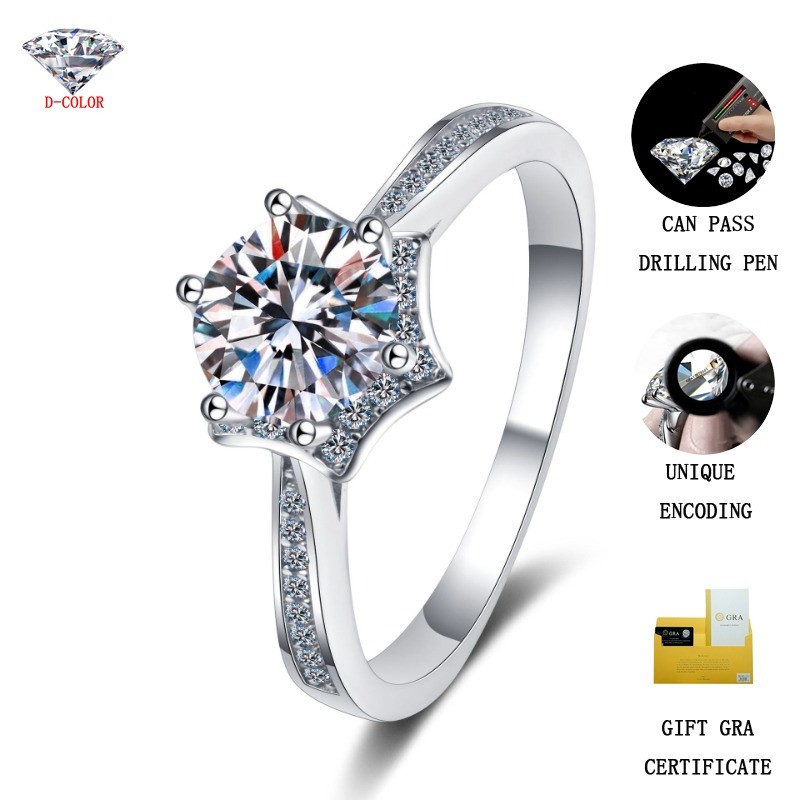 【帶Gra證書】S925銀經典六爪星莫桑石戒指可試鑽筆 | 蝦皮購物