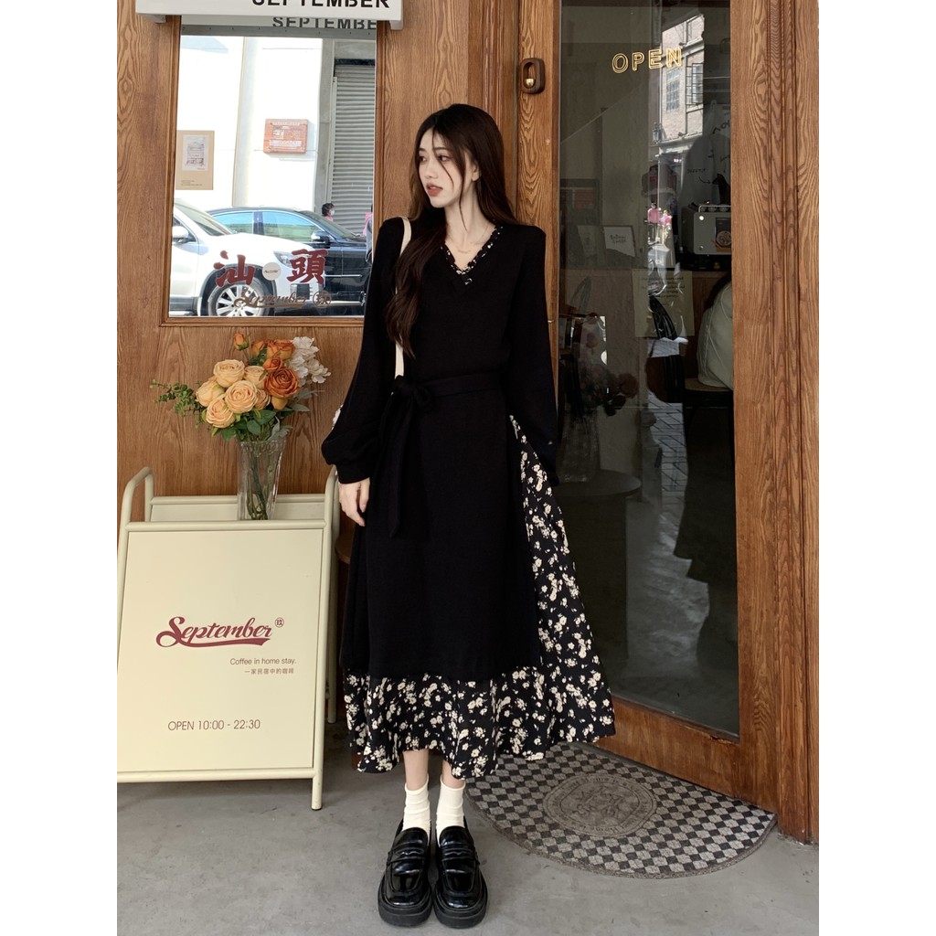 S-4XL 法式高級感復古風黑色碎花連身裙 A字裙 大尺碼洋裝 顯瘦長洋 小黑裙 小眾設計感 法式洋裝 胖MM穿搭 | 蝦皮購物
