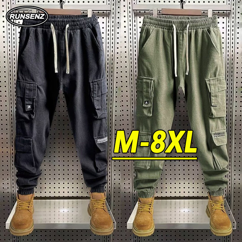 M-8XL 日系大尺碼工裝褲男 束口長褲 戶外多口袋工作褲 鬆緊腰抽繩綁帶 男生薄款運動褲 加大尺碼慢跑褲 | 蝦皮購物