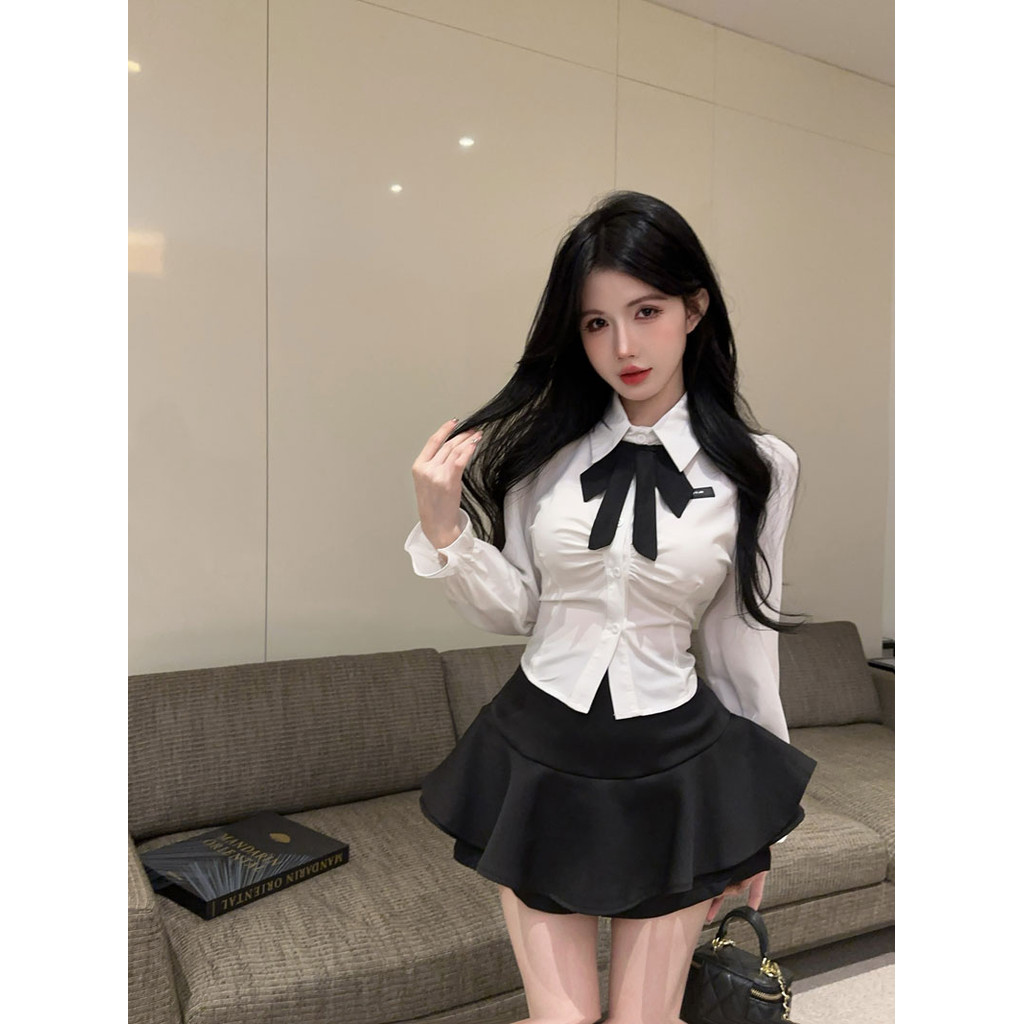 Miguo_學院風辣妹jk制服套裝 純慾刺繡長袖襯衫搭配黑色甜辣半身裙褲 兩件套 兩件式套裝 | 蝦皮購物
